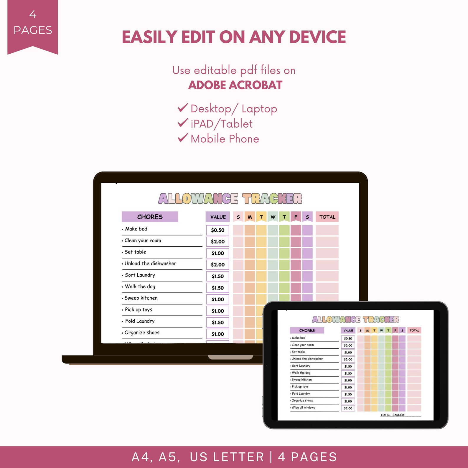 Allowance Chore Chart Printable for Kids , Allowance and Chore Tracker ...