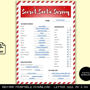 Secret Santa Survey - A5 Printable Questionnaire - Christmas Party Gift ...