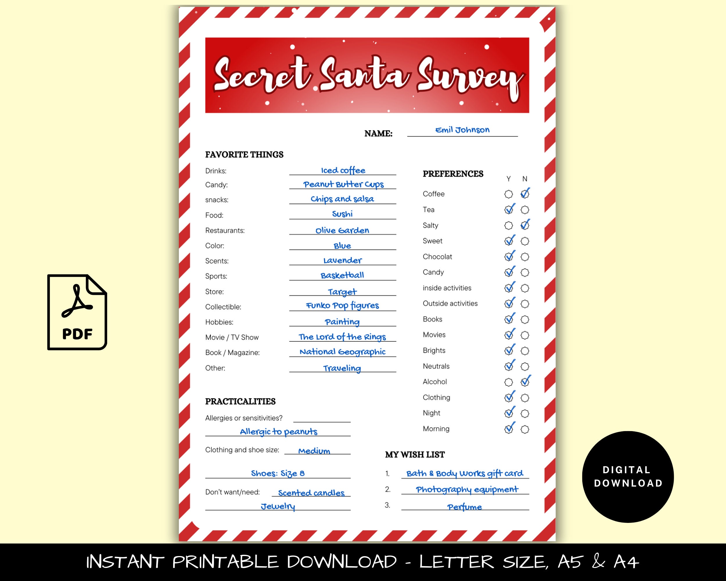 Secret Santa Survey - A5 Printable Questionnaire - Christmas Party Gift ...