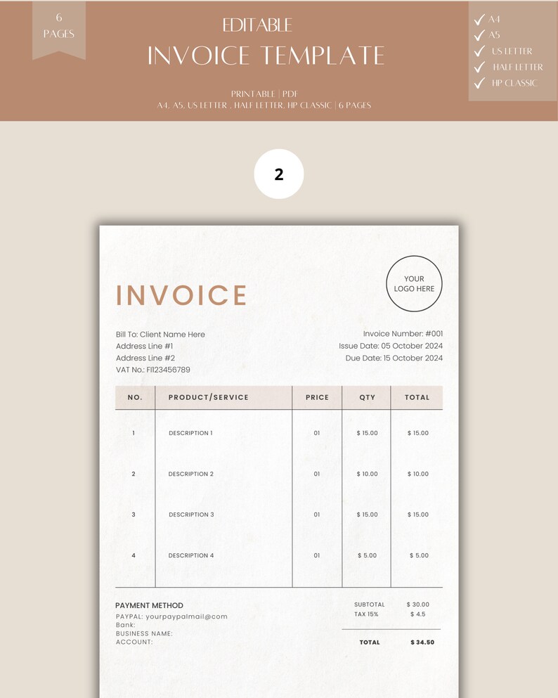 EDITABLE INVOICE TEMPLATE, Invoice Template for Small Business ...