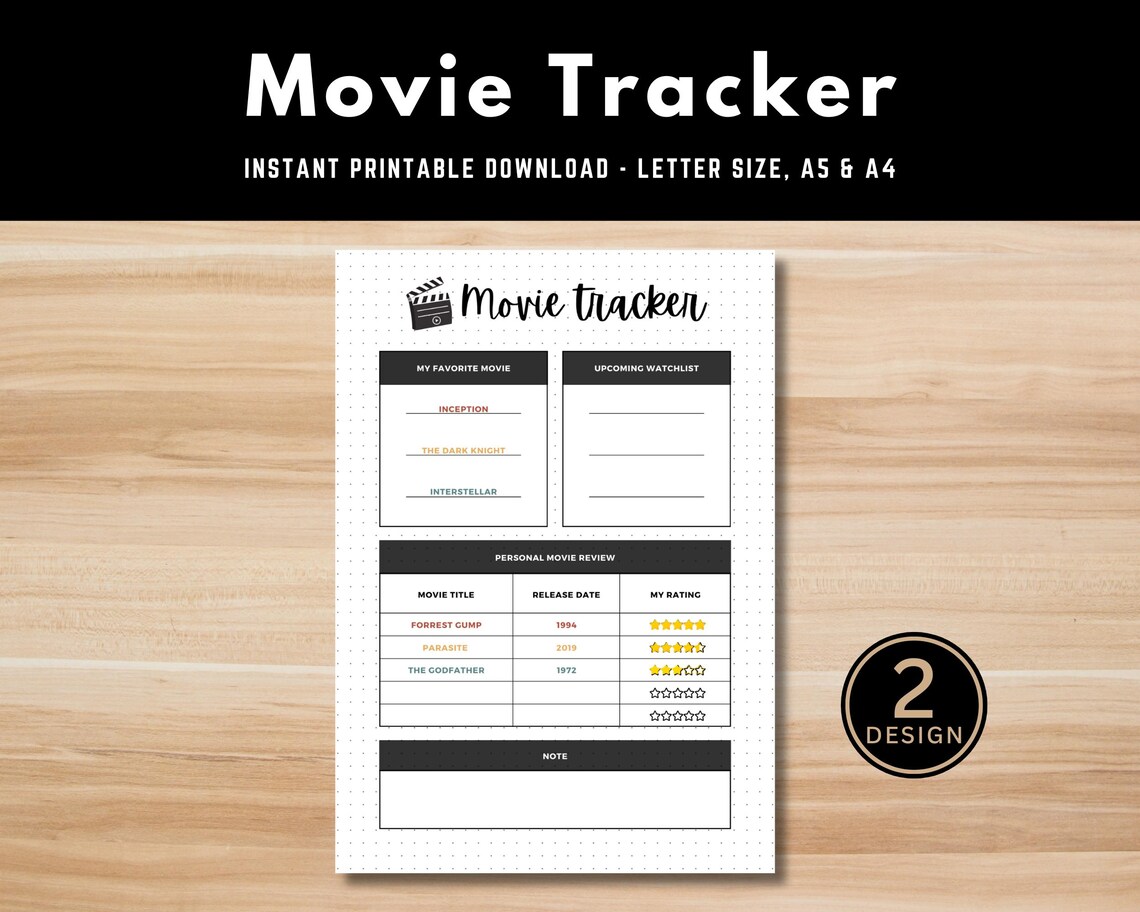 Printable Movie Tracker Journal Page - Film Log Planner Template for ...