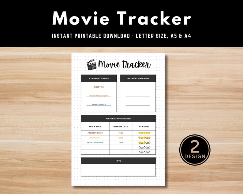 Printable Movie Tracker Journal Page - Film Log Planner Template for ...