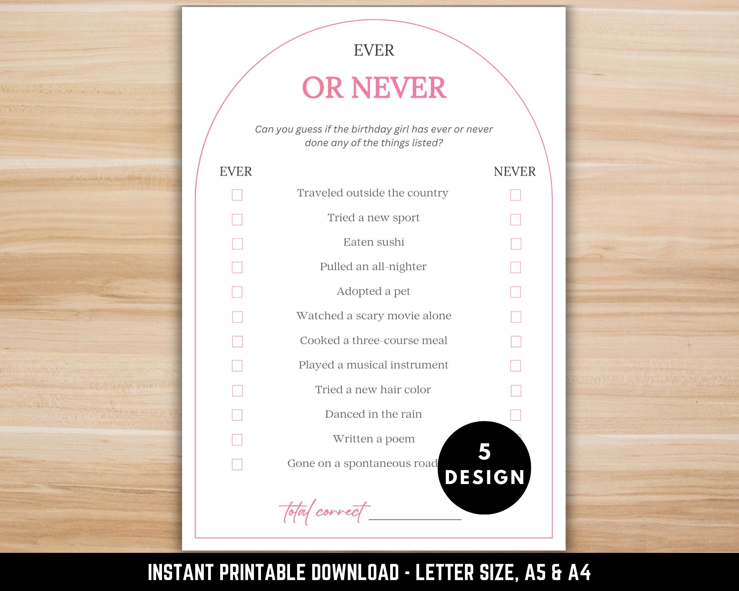 Ever or Never Birthday Party Games for Her | Fun Adult Birthday Games ...