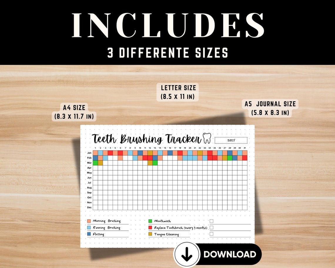 Yearly Teeth Brushing Tracker - Printable Dental Hygiene Log for Kids ...