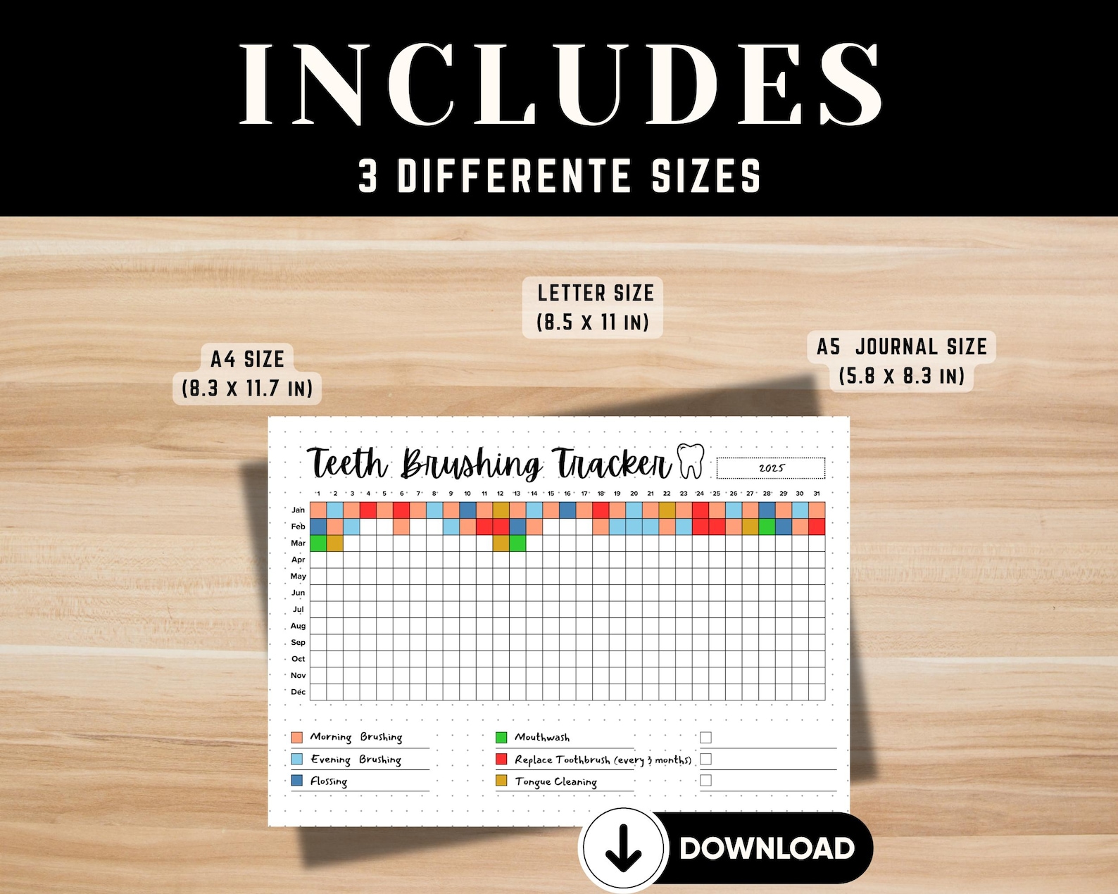 Yearly Teeth Brushing Tracker - Printable Dental Hygiene Log for Kids ...