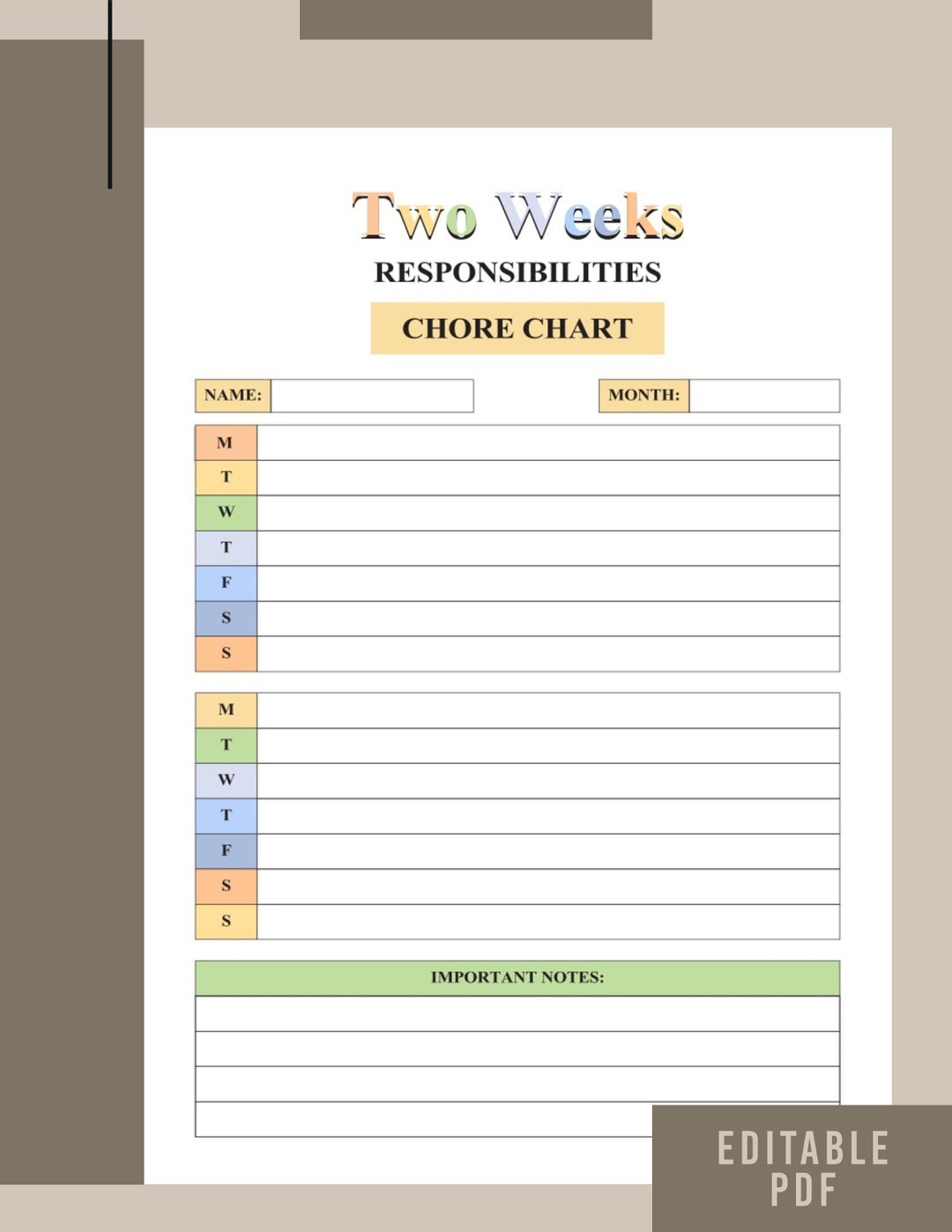 Chore Chart Two Weeks Responsibilities, Weekly Shopping List, Workouts ...