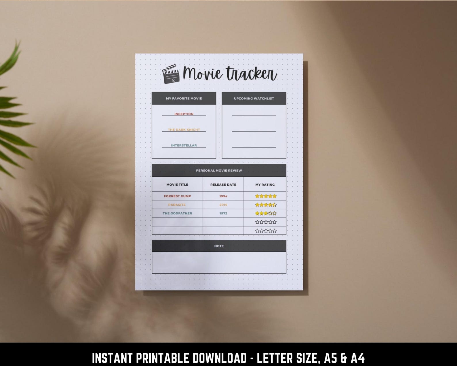 Printable Movie Tracker Journal Page - Film Log Planner Template for ...