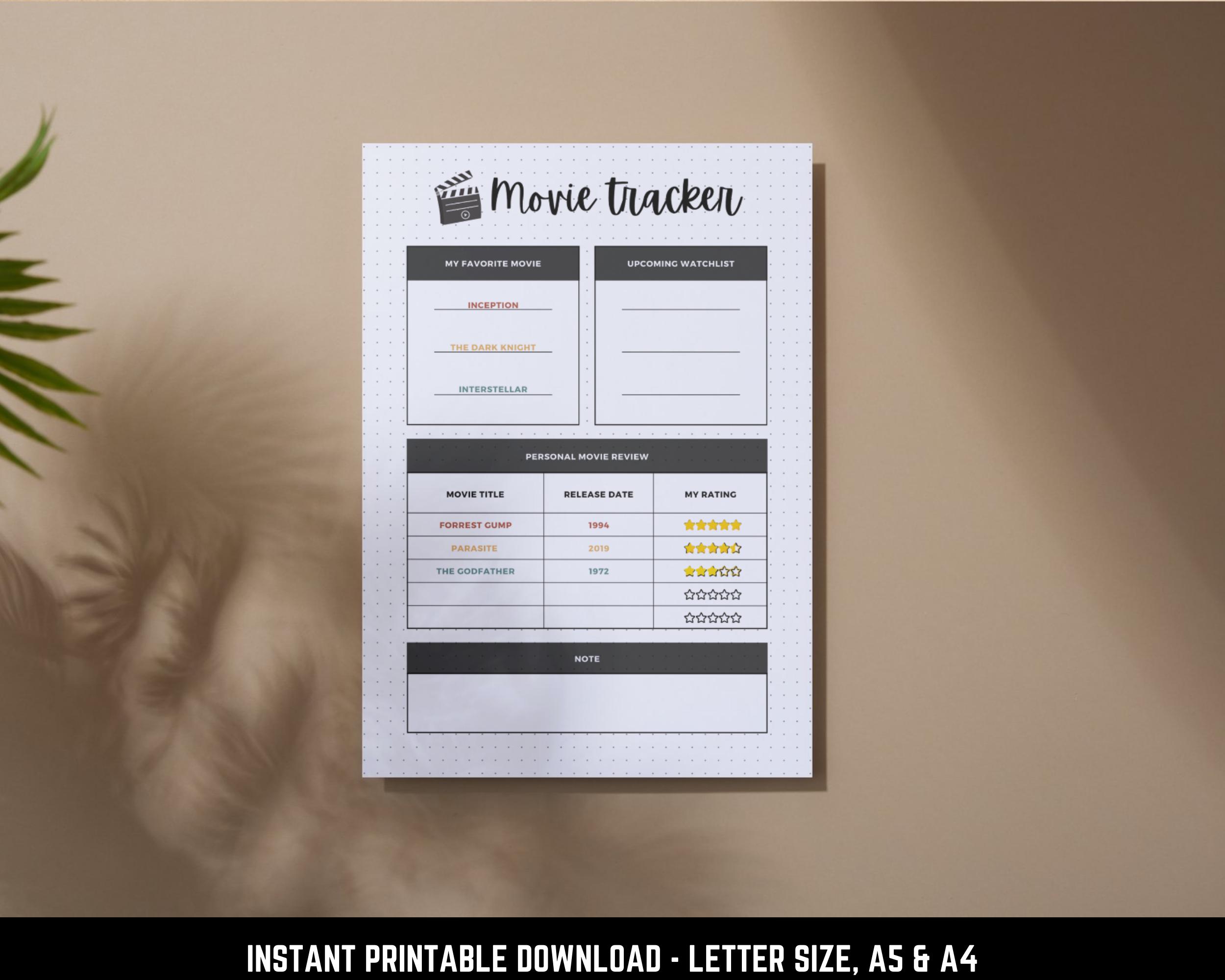 Printable Movie Tracker Journal Page - Film Log Planner Template for ...