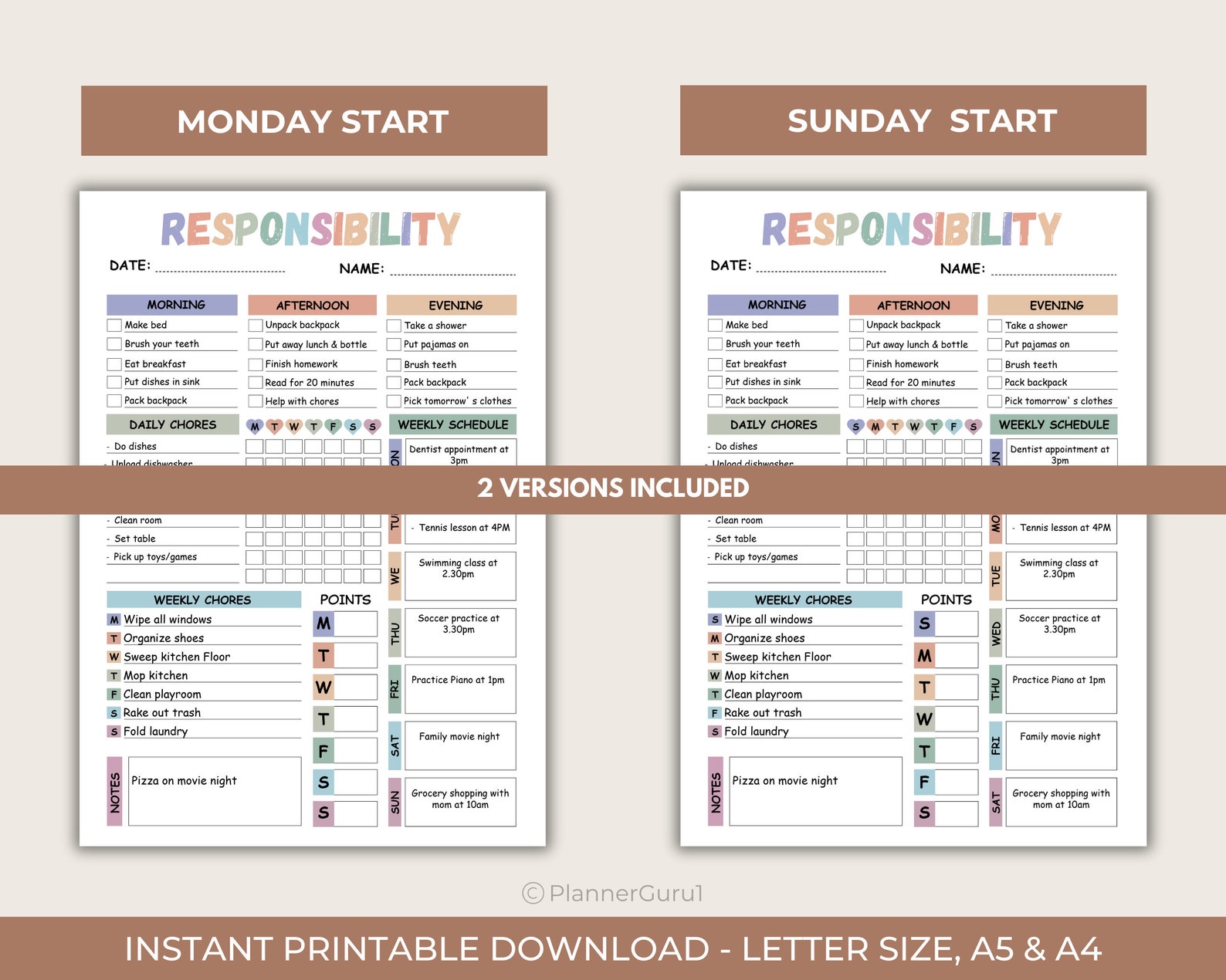 Editable Task Sheets for Kids | Printable | Daily Weekly Responsibility ...
