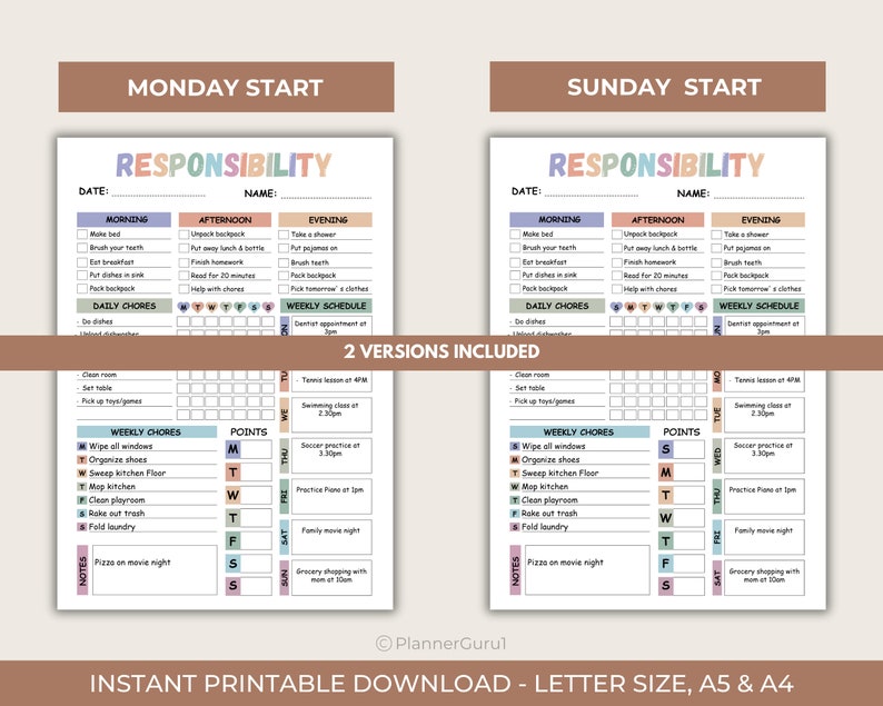 Editable Task Sheets for Kids | Printable | Daily Weekly Responsibility ...