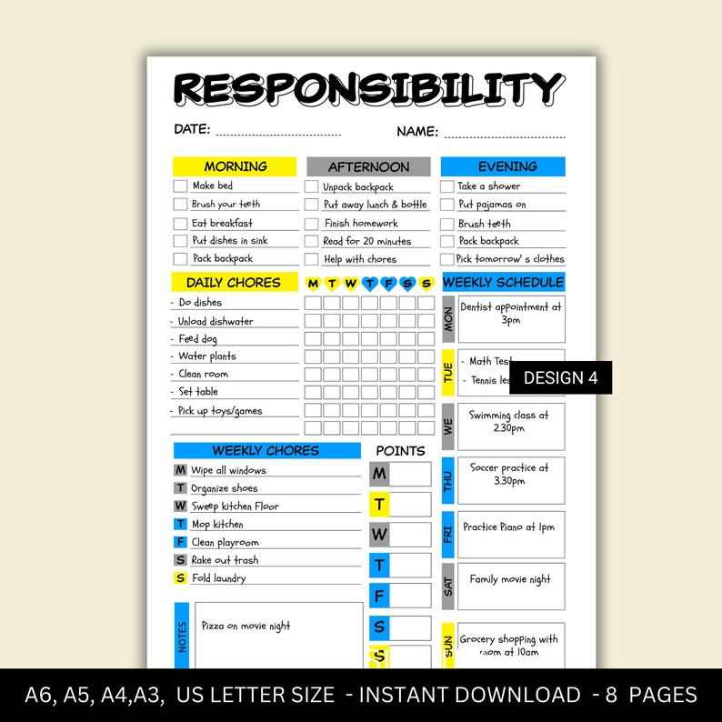 Editable Responsibility Chore Chart for Kids | Printable Daily and ...