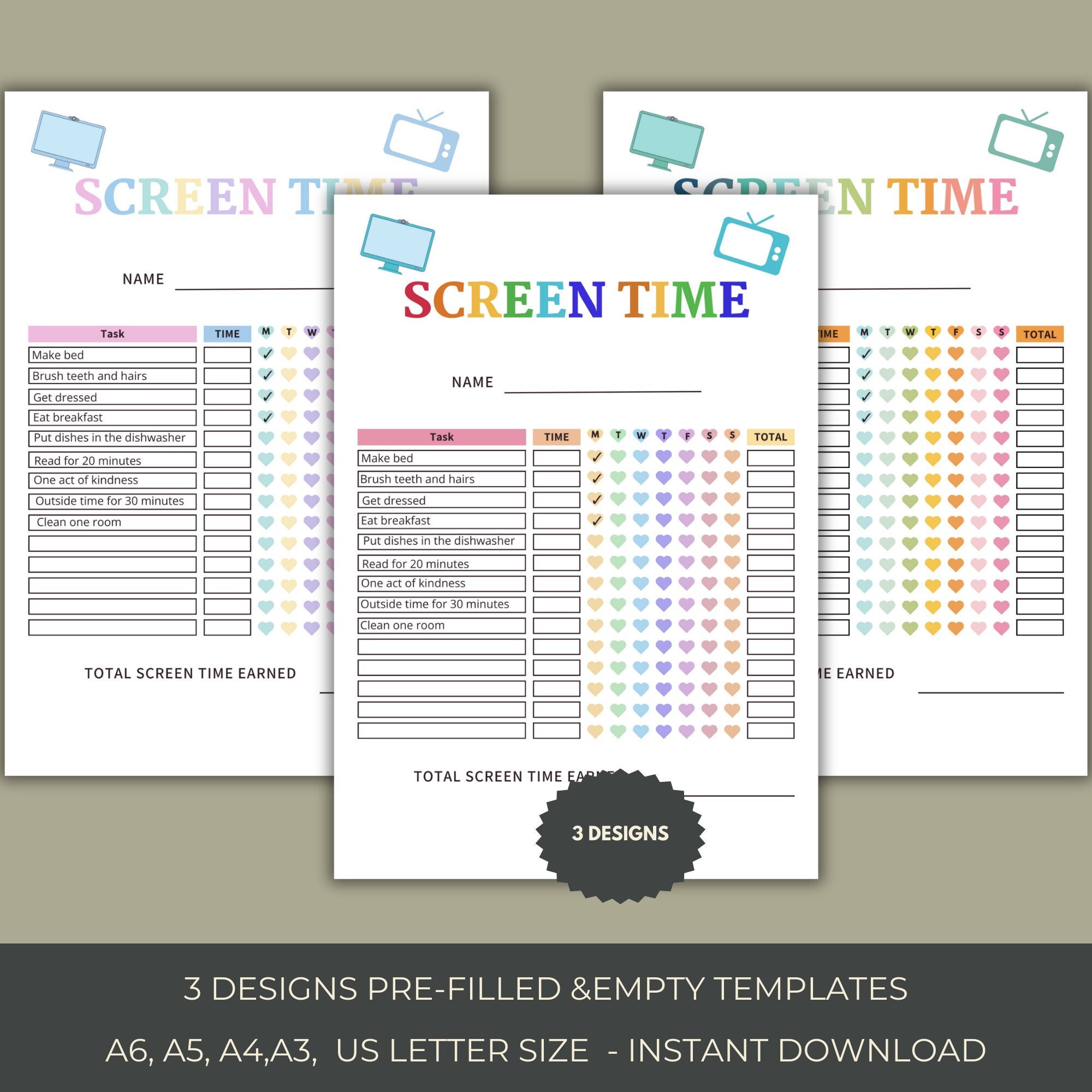 Screen Time Chart Checklist, Editable Printable Screen Time Task Chart ...