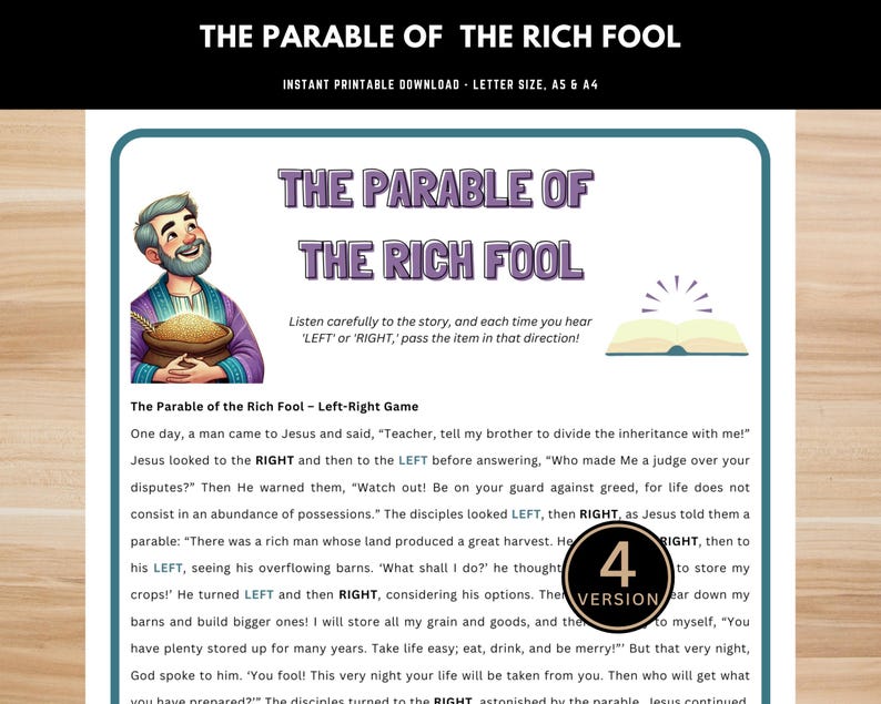 The Parable of the Rich Fool Left Right Game - Printable Bible Party ...