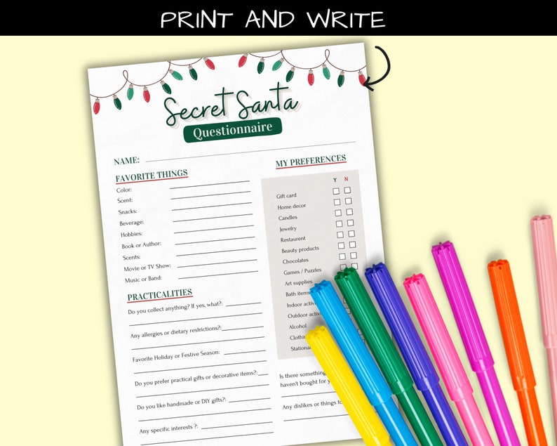 Secret Santa Questionnaire Office Gift Exchange Form Christmas Get to ...