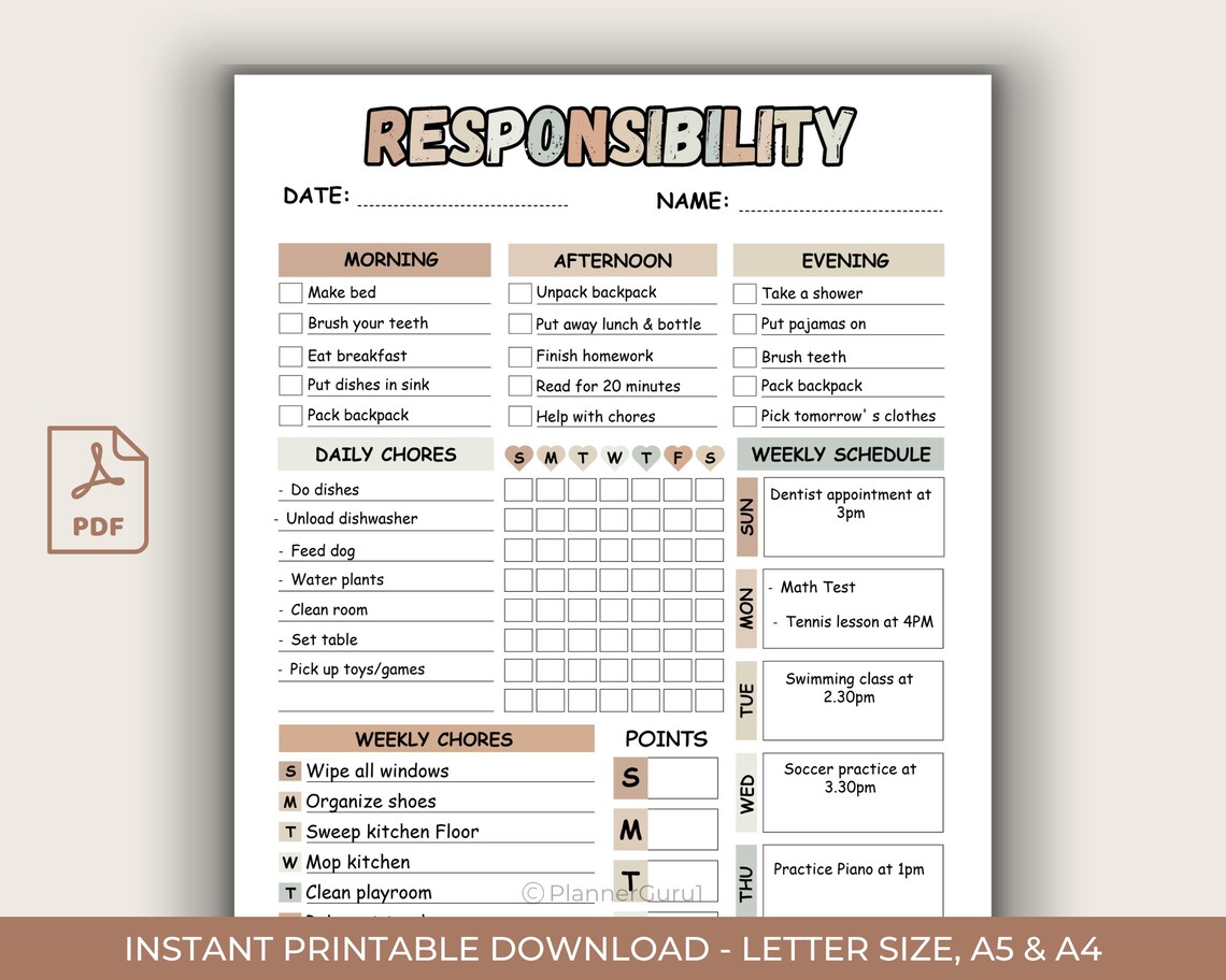 Editable Task Sheets for Kids | Printable | Daily Weekly Responsibility ...