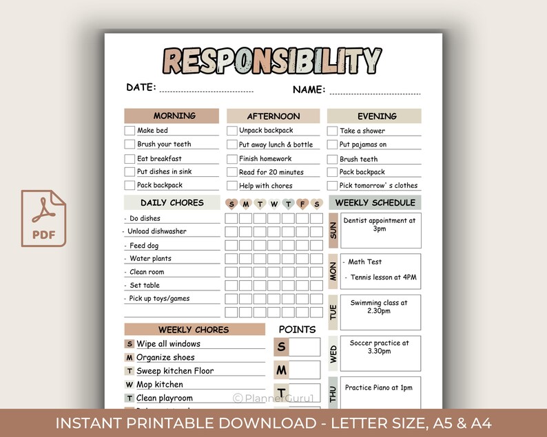 Editable Task Sheets for Kids | Printable | Daily Weekly Responsibility ...