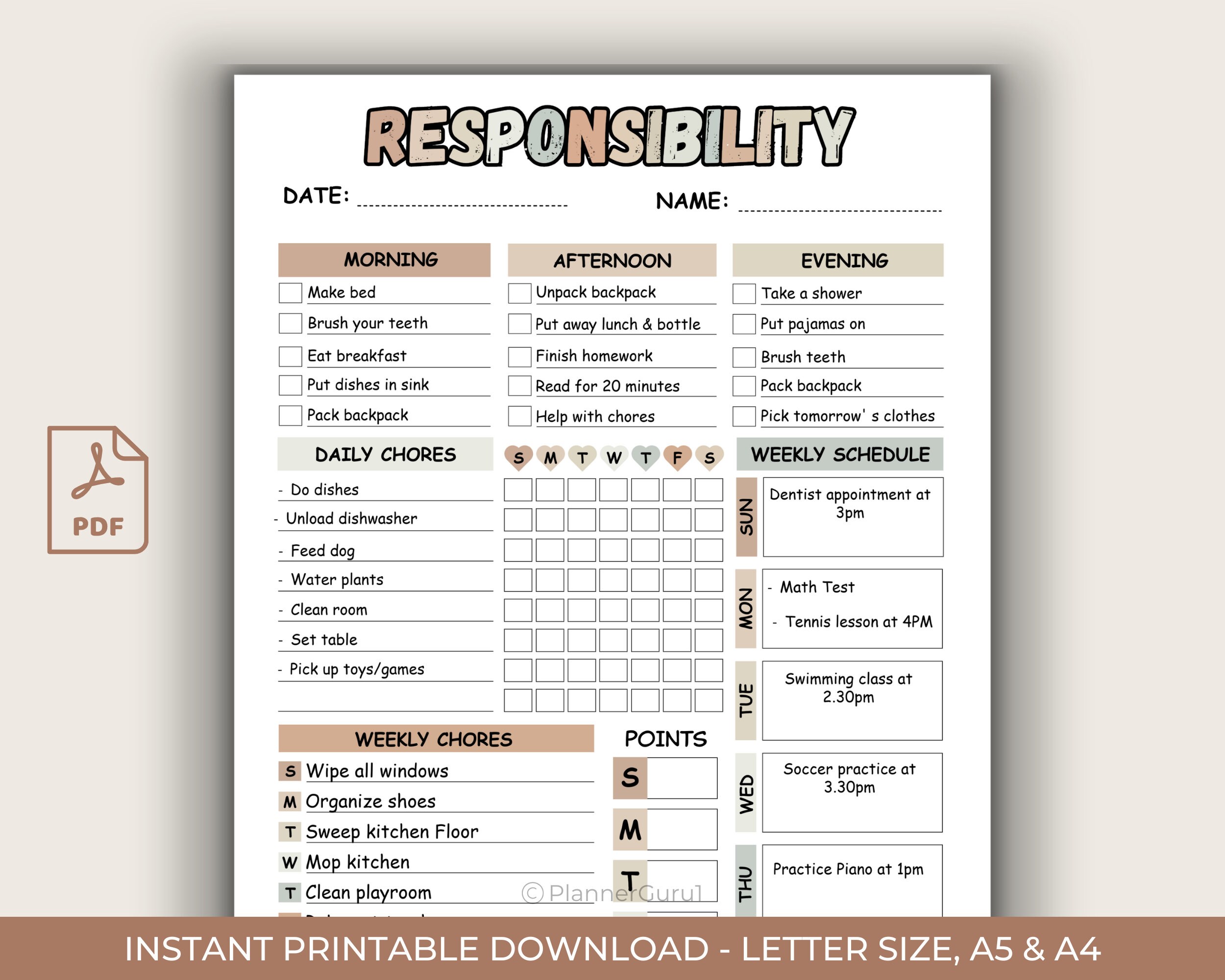 Editable Task Sheets for Kids | Printable | Daily Weekly Responsibility ...