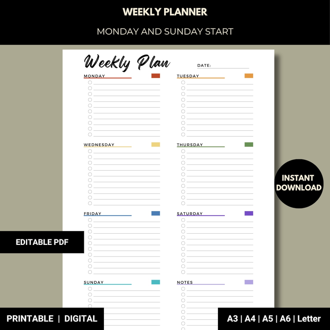 Editable Weekly Planner Printable, Digital Weekly Planner PDF Weekly ...