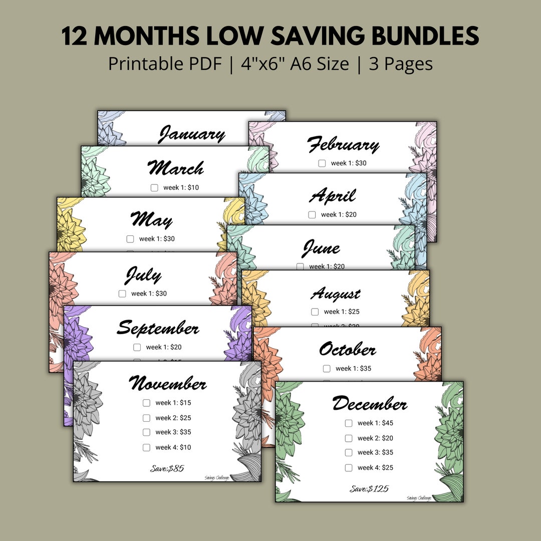 Minimalist Low Income Savings Challenge Printable, Monthly Savings ...
