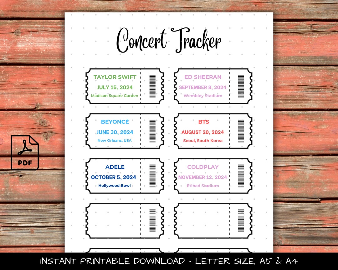 Concert Tracking - A5 Diary Page - Printable Tracking - Concert Log ...
