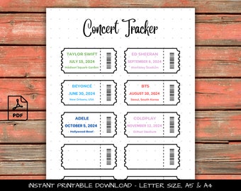 Concert Tracker - A5 Journal Page - Printable Tracker - Concert Log ...