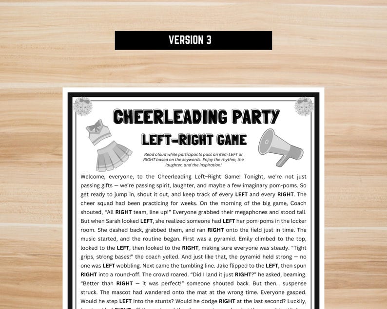Cheerleading Left Right Game Printable, Pass the Gift Story, Cheer ...