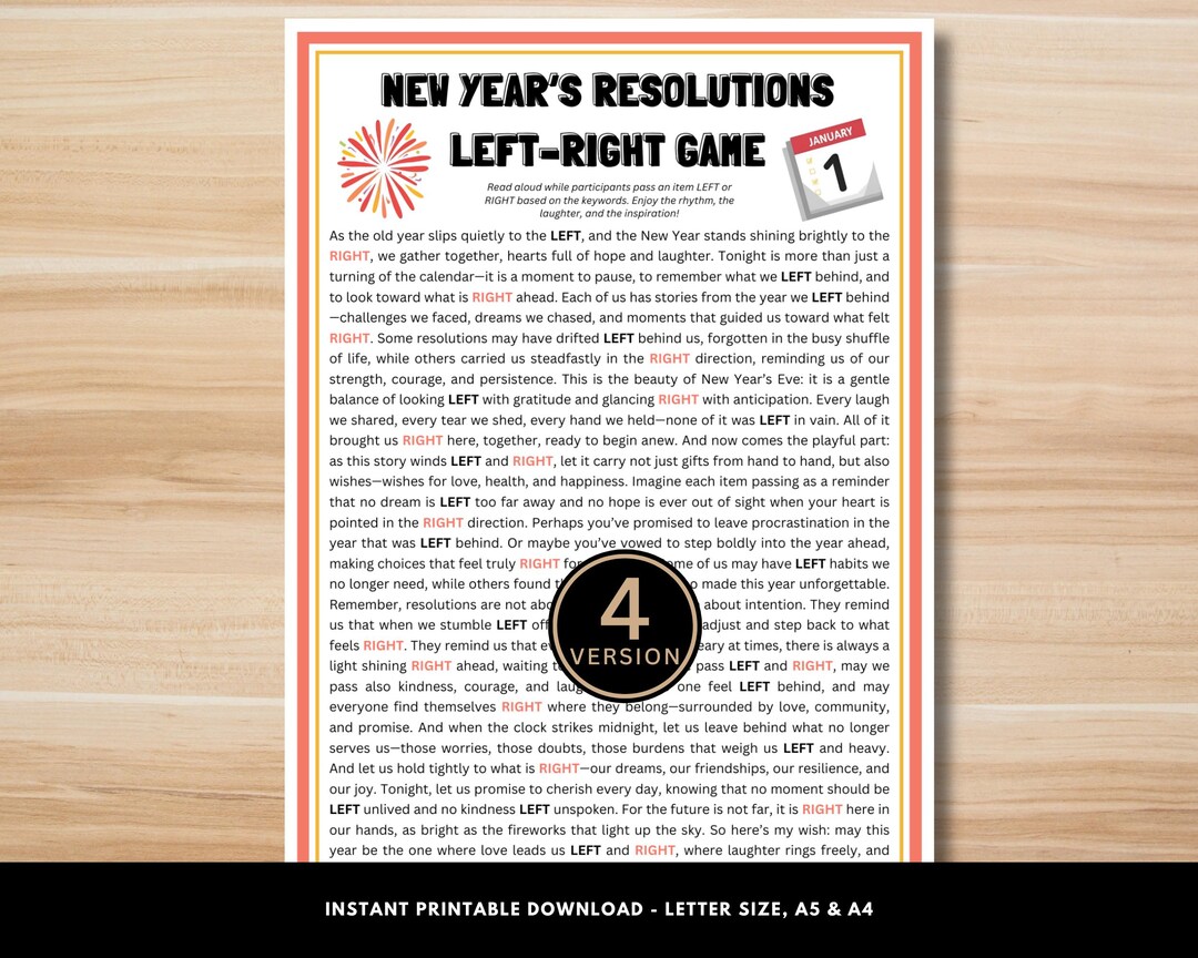 New Year's Resolutions Left Right Game, Printable New Year Party Game ...