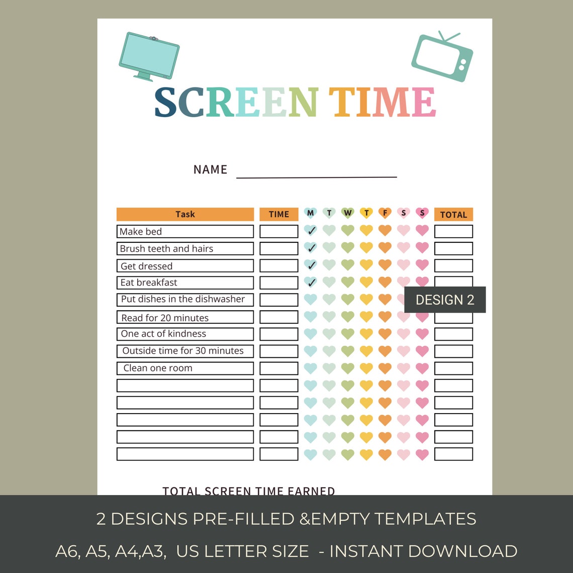 Screen Time Chart Checklist, Editable Printable Screen Time Task Chart ...