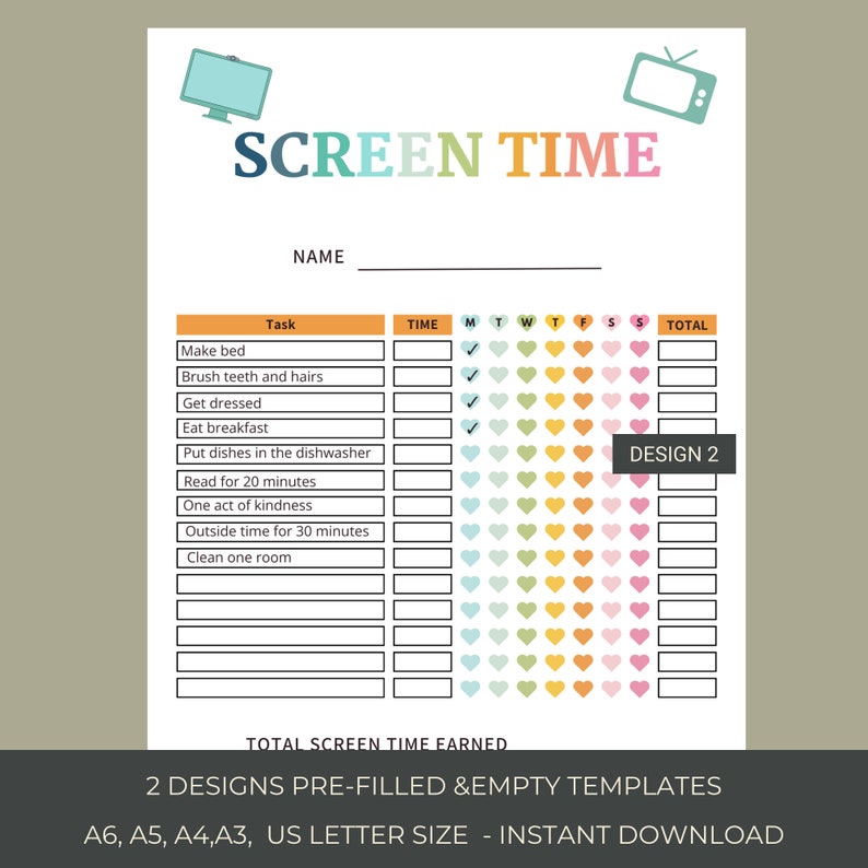 Screen Time Chart Checklist, Editable Printable Screen Time Task Chart, Daily Screen Time ...