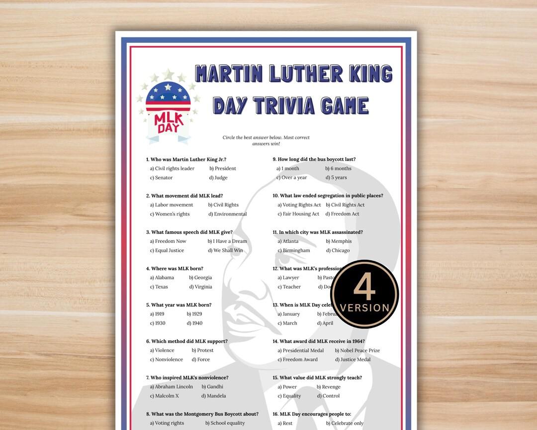 Martin Luther King Jr. Day Trivia Game Printable | Black History Month ...