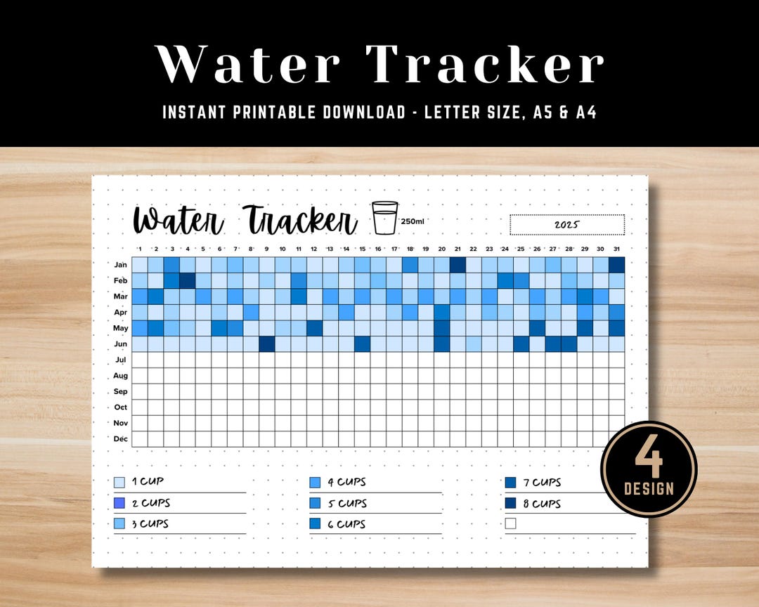 Water Tracker Yearly - Printable Hydration Log - Bullet Journal A5, A4 ...