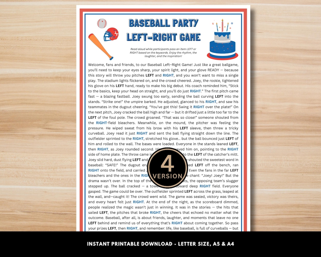 Baseball Party Left Right Game Printable – Pass the Gift Story, Instant ...