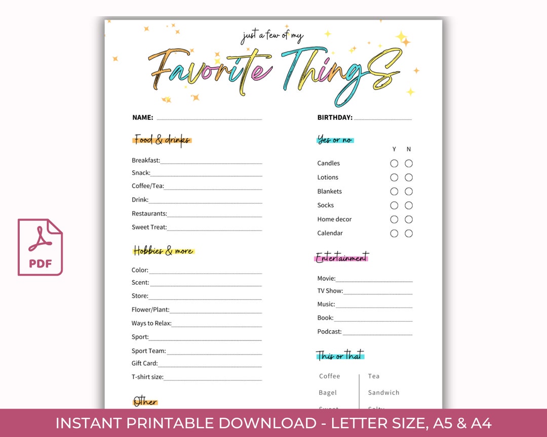 Favorites Survey | My Favorite Things | Co-worker Questionnaire ...