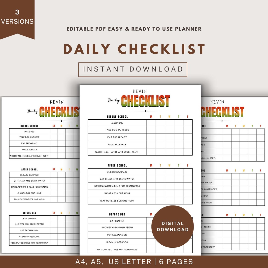 Editable Daily Checklist for Kids, Printable Chore Chart for Kids ...