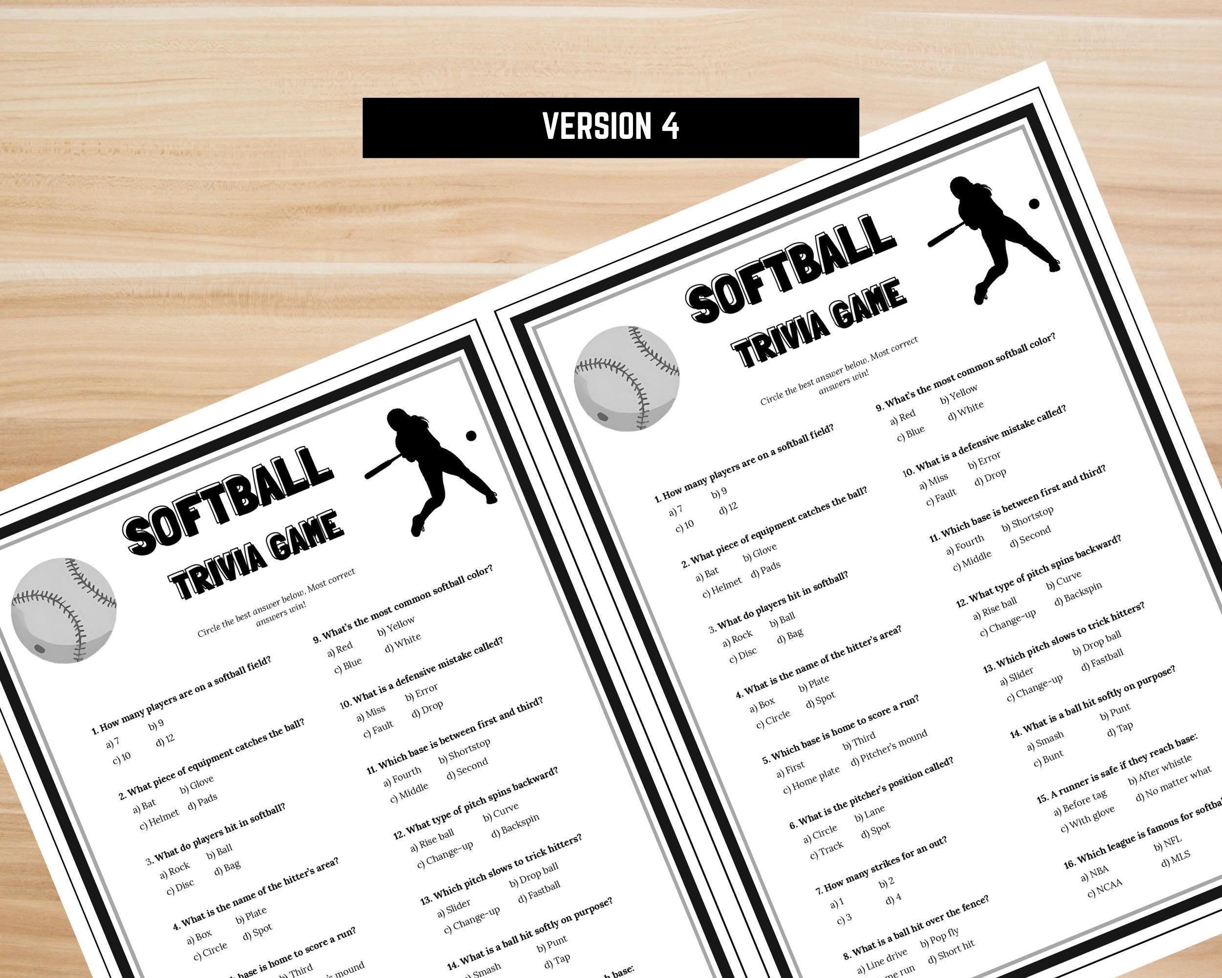Softball Trivia Game Printable, Sports Party Game for Adults , Kids ...
