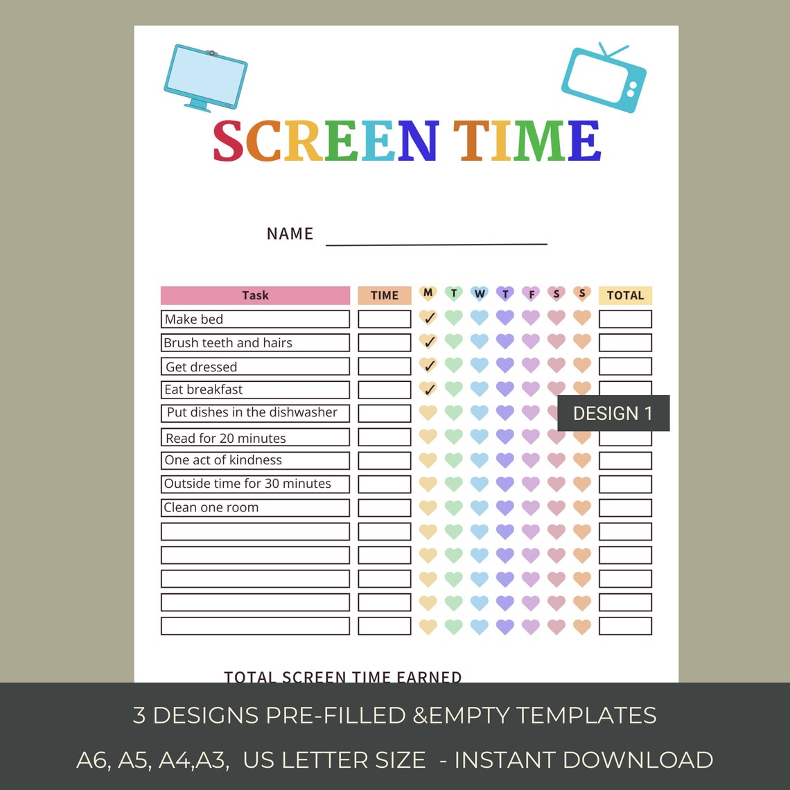 Screen Time Chart Checklist, Editable Printable Screen Time Task Chart ...