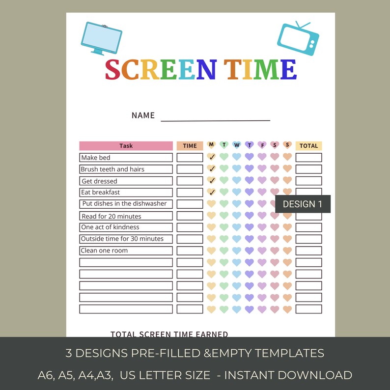 Screen Time Chart Checklist, Editable Printable Screen Time Task Chart ...