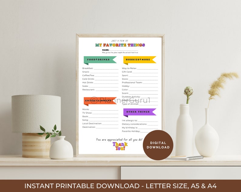 My Favorite Things Survey: Printable Questionnaire for Getting to Know ...