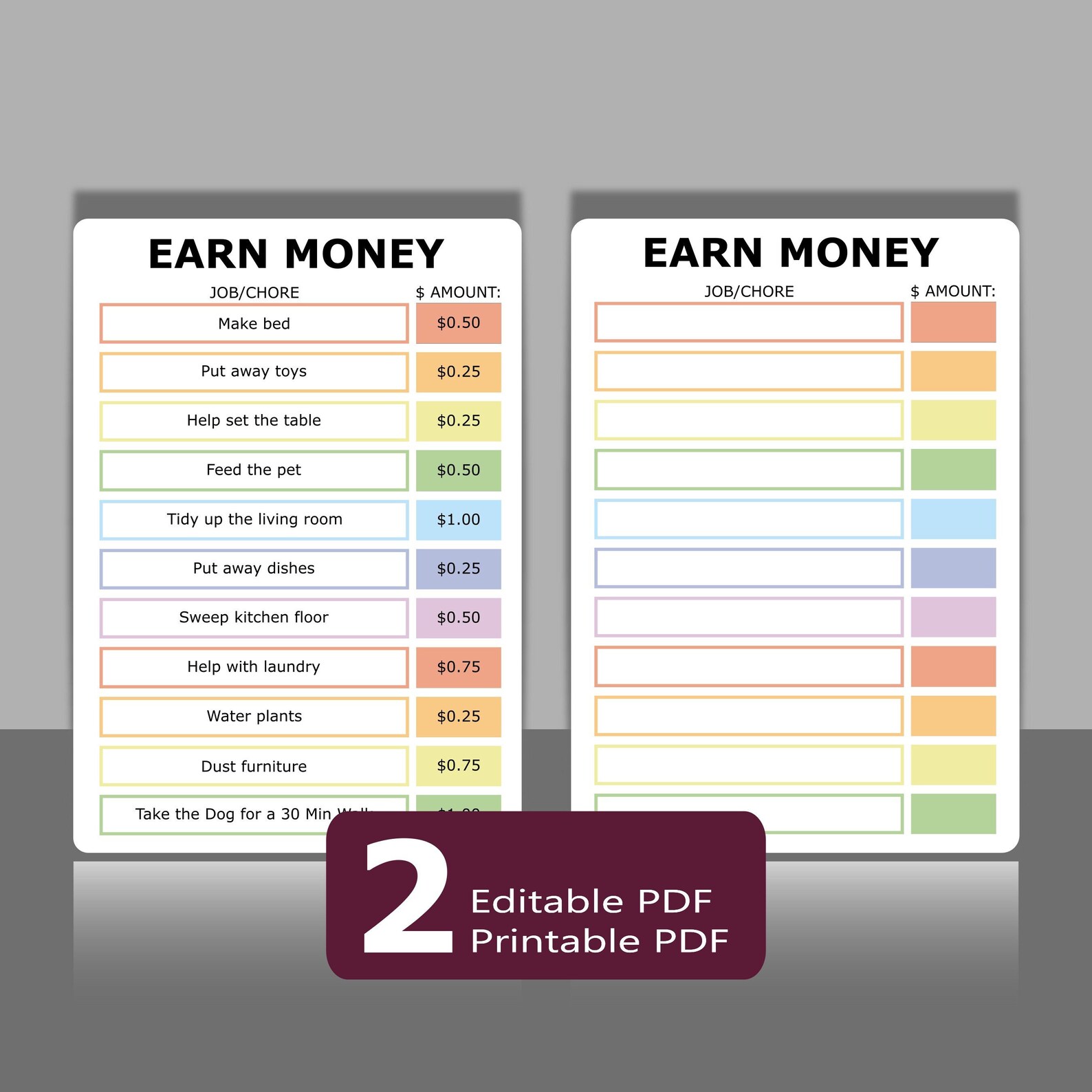 Earn Money Chore Chart, Editable Household Chore Task Table for ...