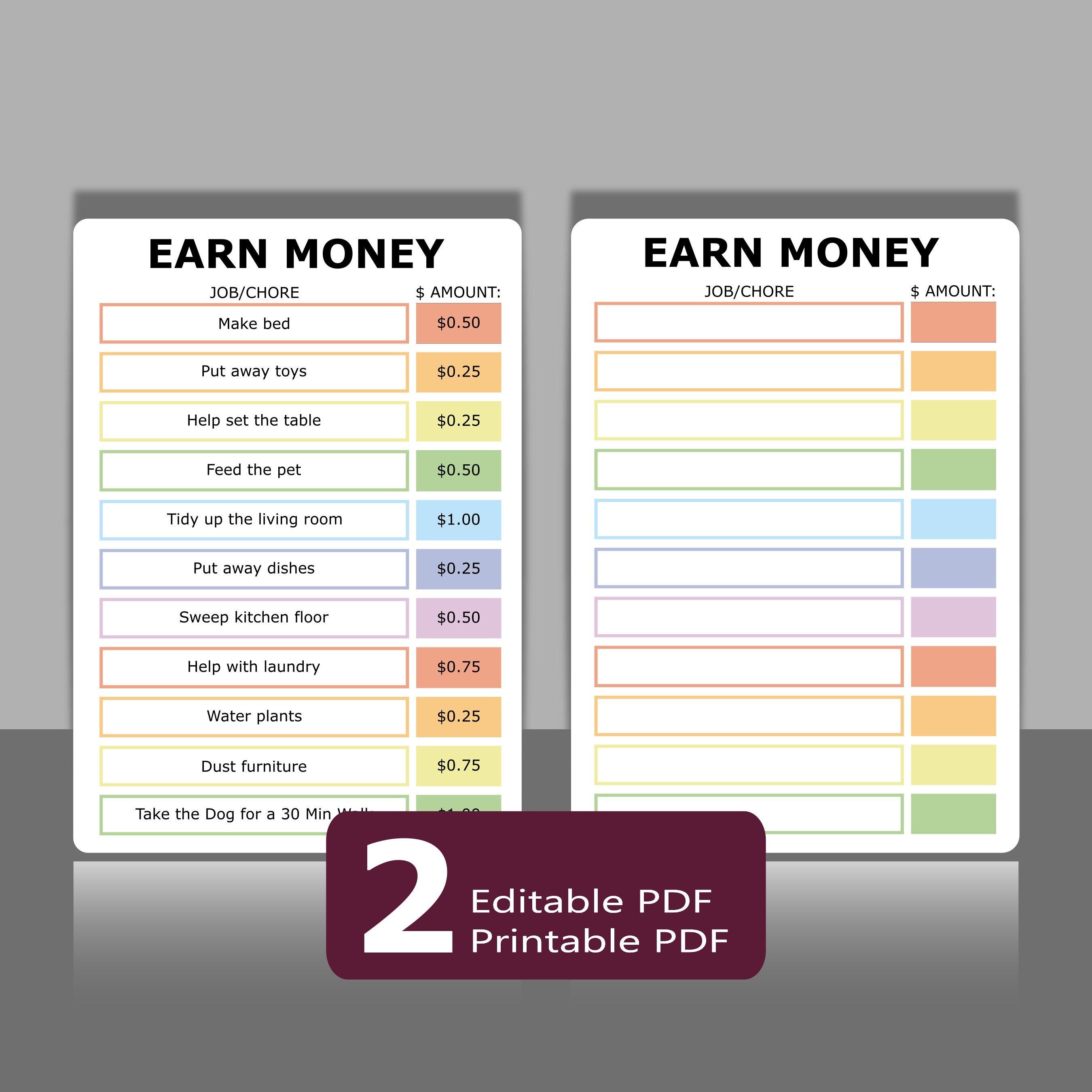 Earn Money Chore Chart, Editable Household Chore Task Table for ...