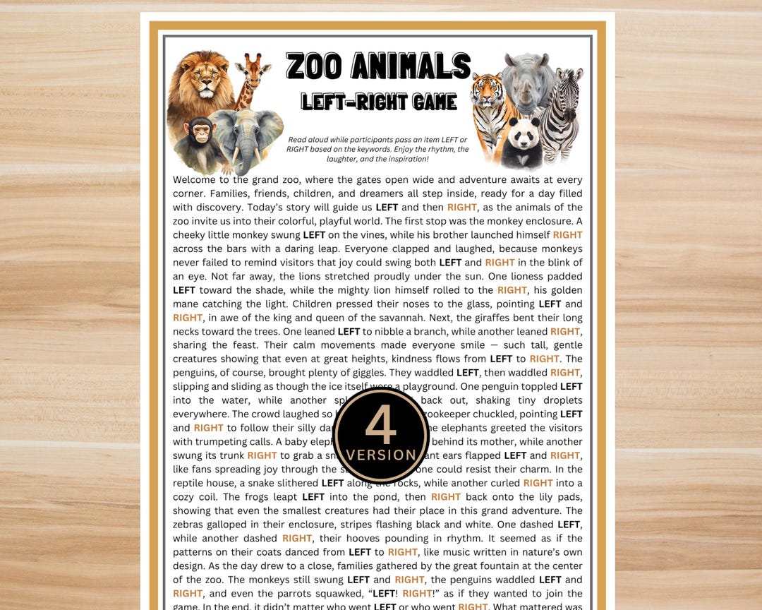 Zoo Animals Left Right Game Printable – Pass the Gift Story, Instant ...