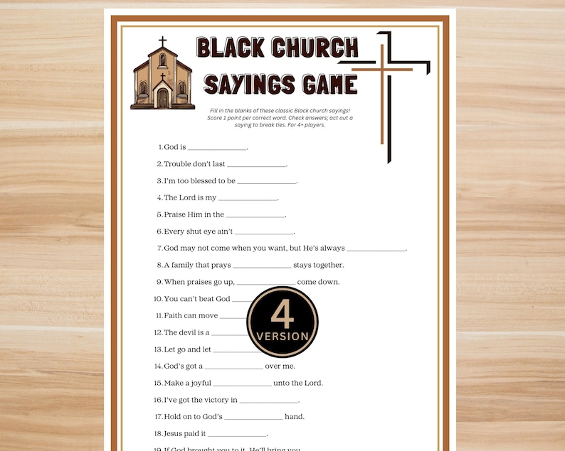 Black Church Sayings Game Printable, Christian Church Party Game, Black ...