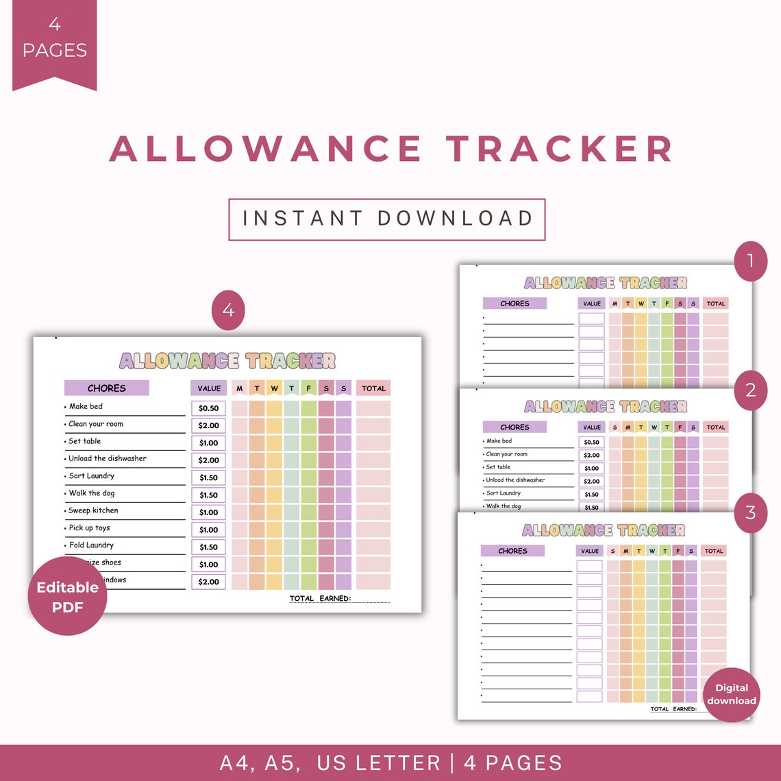 Allowance Chore Chart Printable for Kids , Allowance and Chore Tracker ...