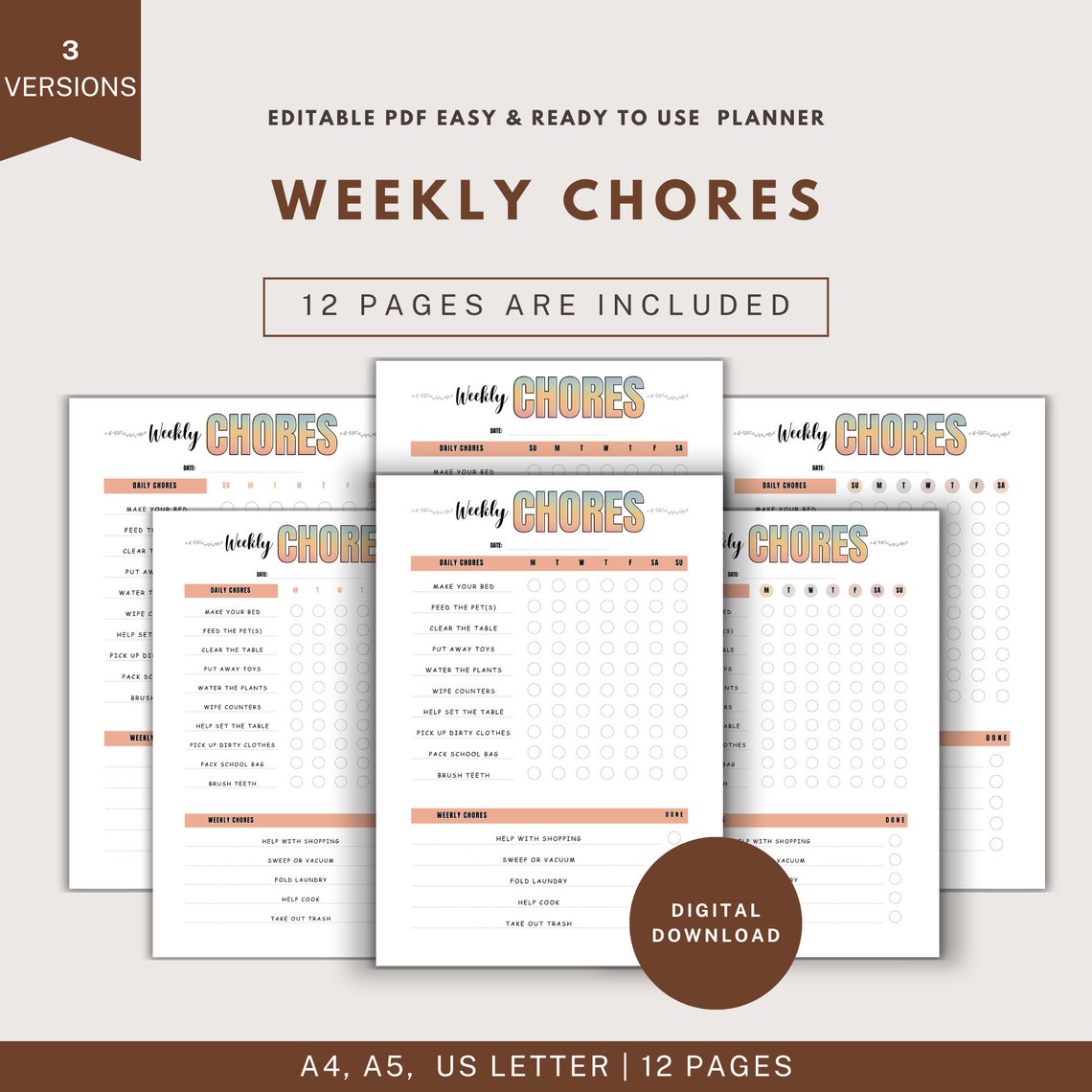 Chore Chart, Printable, Editable Daily and Weekly Chore Sheets Tasks ...