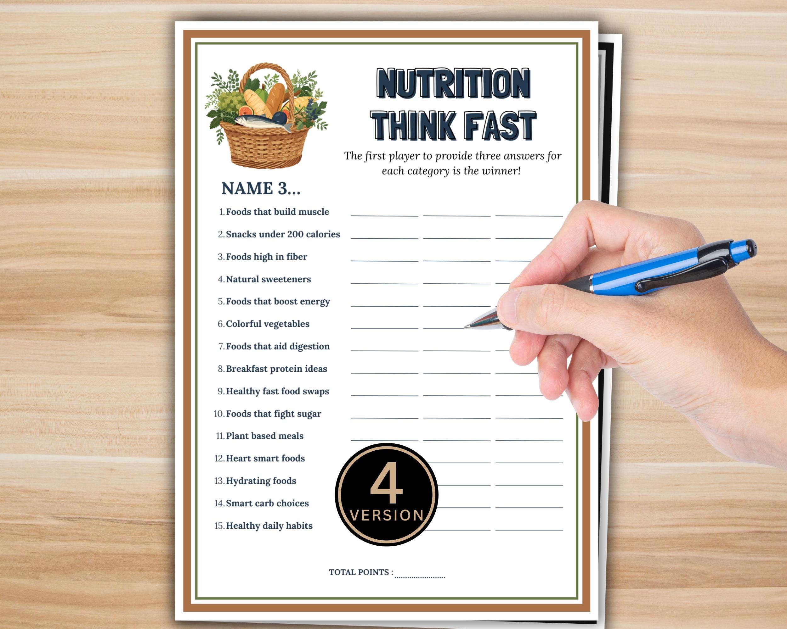 Nutrition Think Fast Game Printable, Healthy Eating Trivia Game for ...