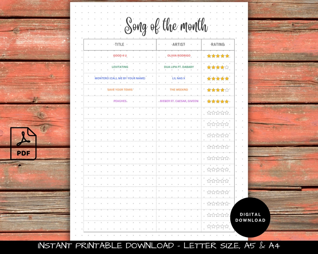 Printable A5 Yearly Playlist Tracker - Monthly Music Journal Page ...
