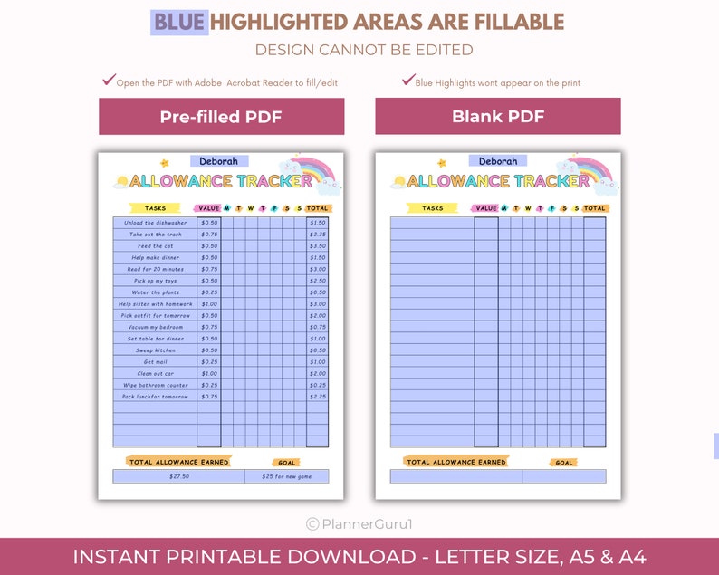 Chore Chart for Kids, Allowance Tracker for Kids, Editable Chore Chart ...
