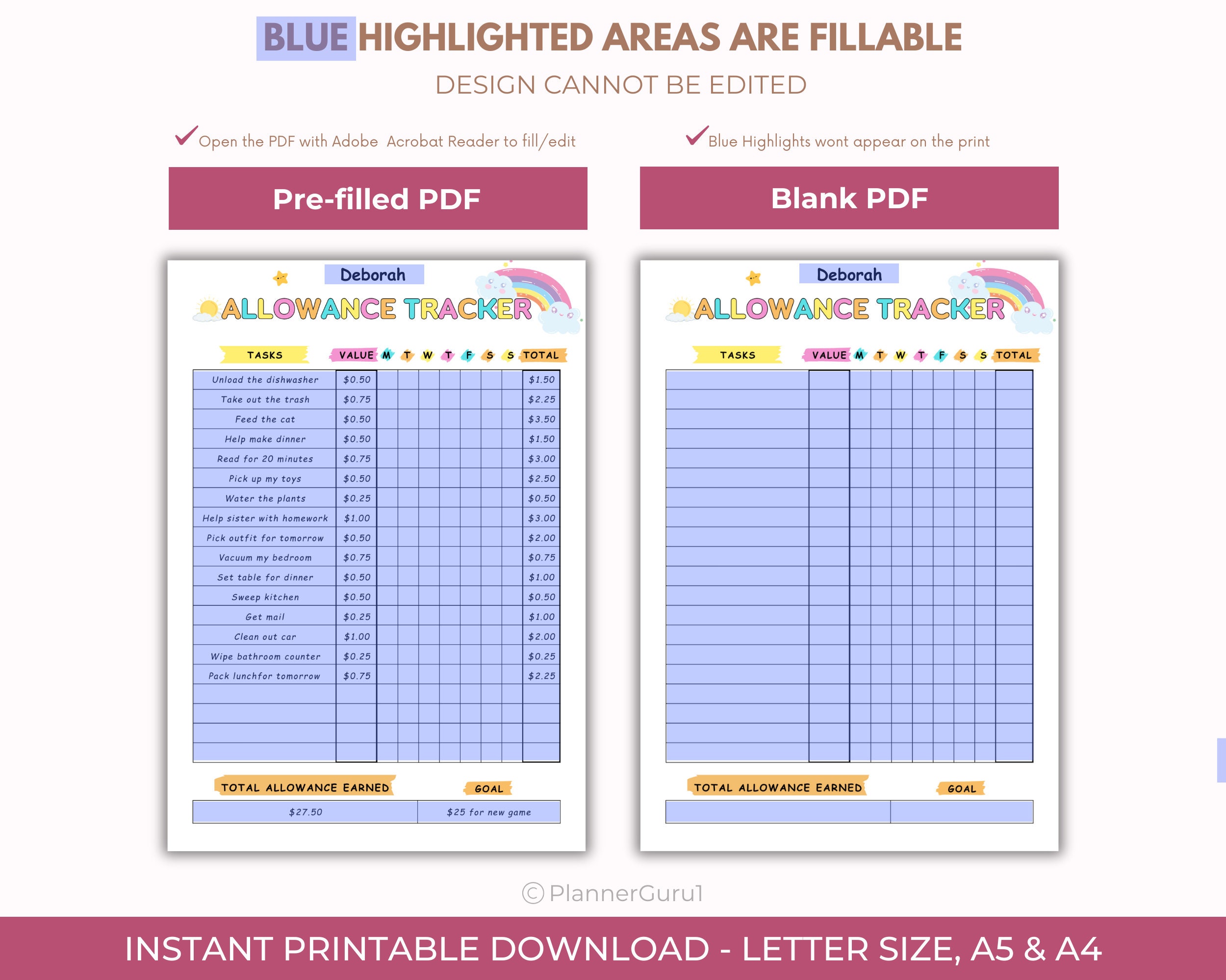 Chore Chart for Kids, Allowance Tracker for Kids, Editable Chore Chart ...