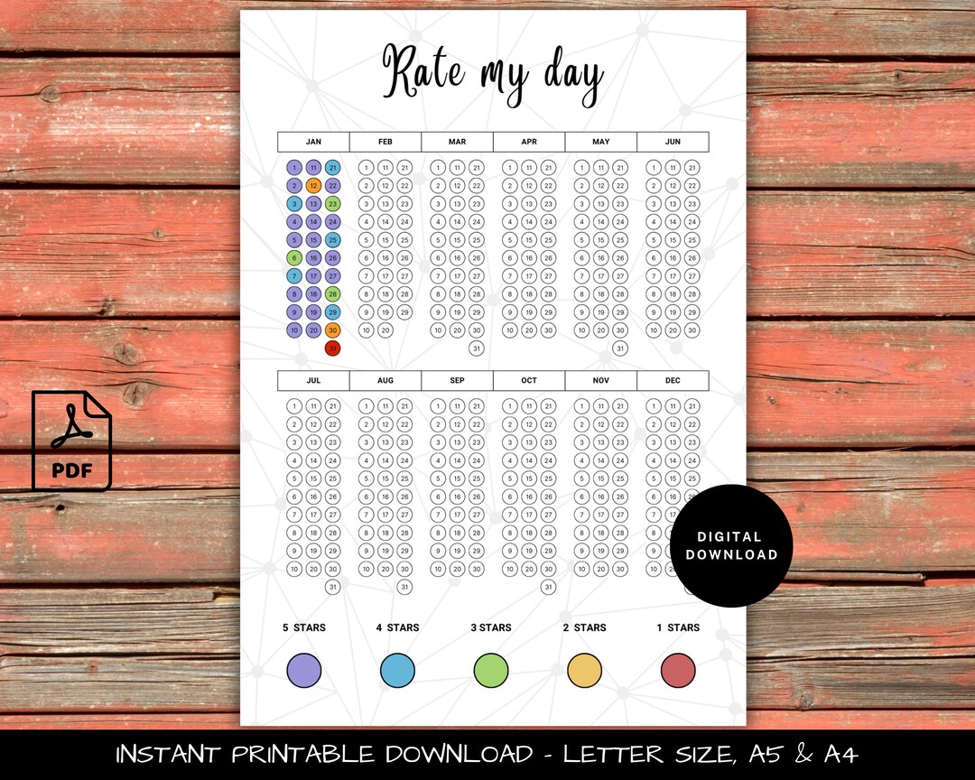 Rate My Day A5 Journal Page Printable Daily Mood Tracker Year in Pixels ...