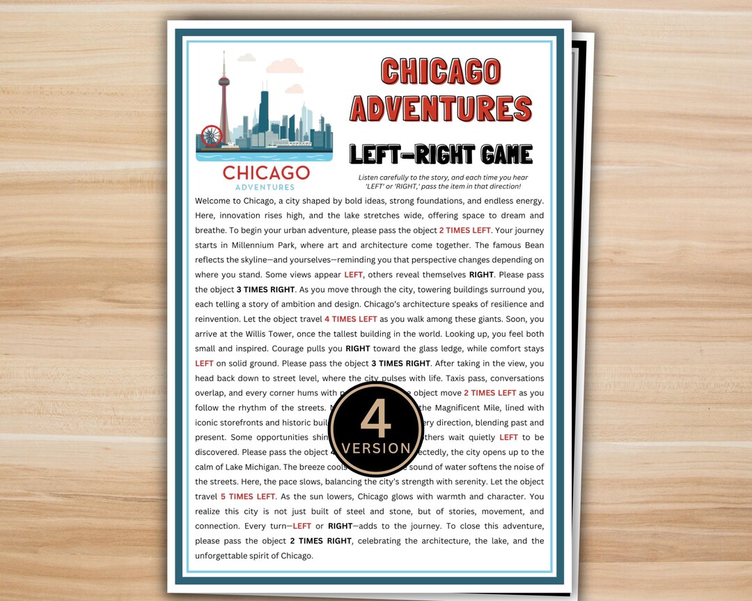 Chicago Adventures Left Right Game Printable | City Travel Party Game ...